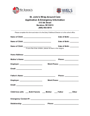 Fillable Online St. John's Wrap-Around Care Application & Emergency ...