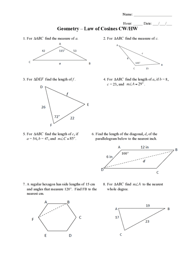 Fillable Online Geometry 2Law of Cosines CW HW.docx Fax Email Print ...