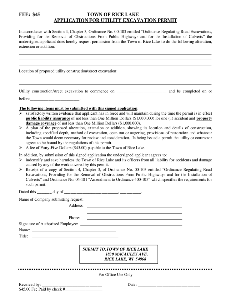 Fillable Online Town of Rice Lake Application for Utility Excavation Permit Fax Email Print ...