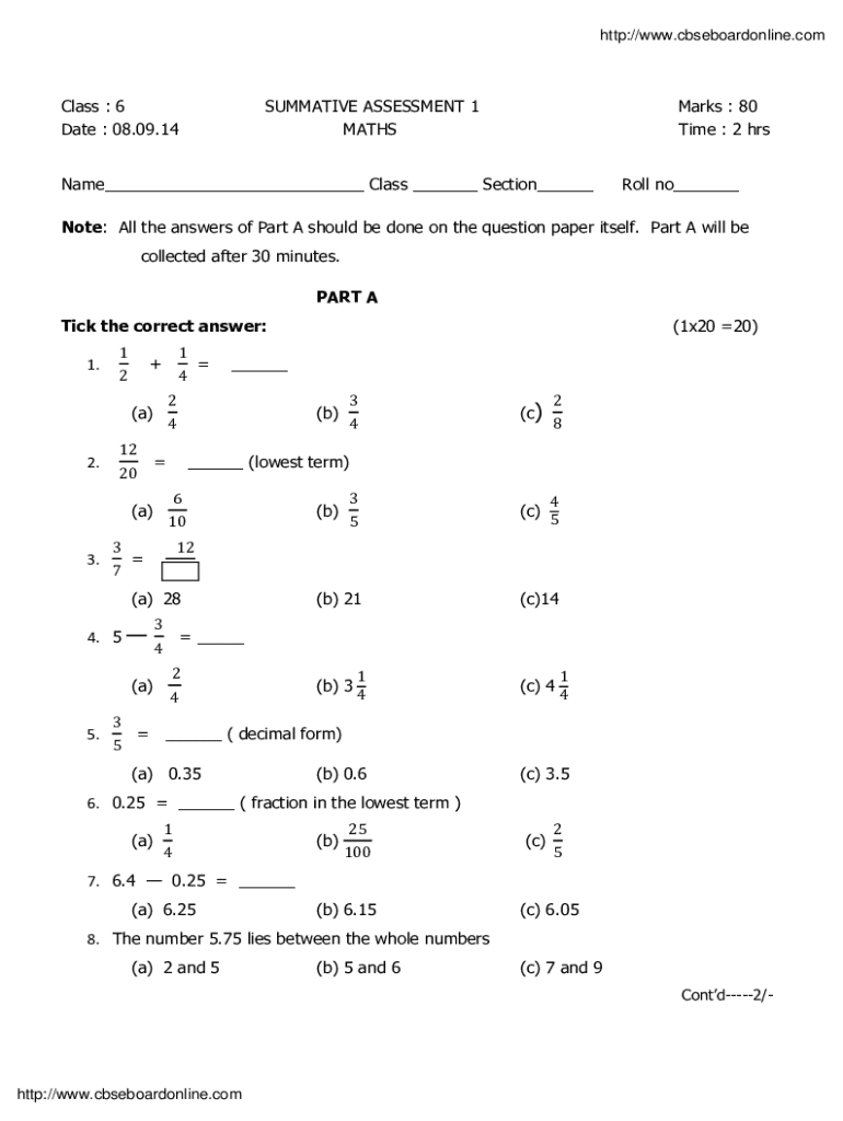 Fillable Online Sample Question Paper for Class 6 CBSE Maths SA1 PDF ...