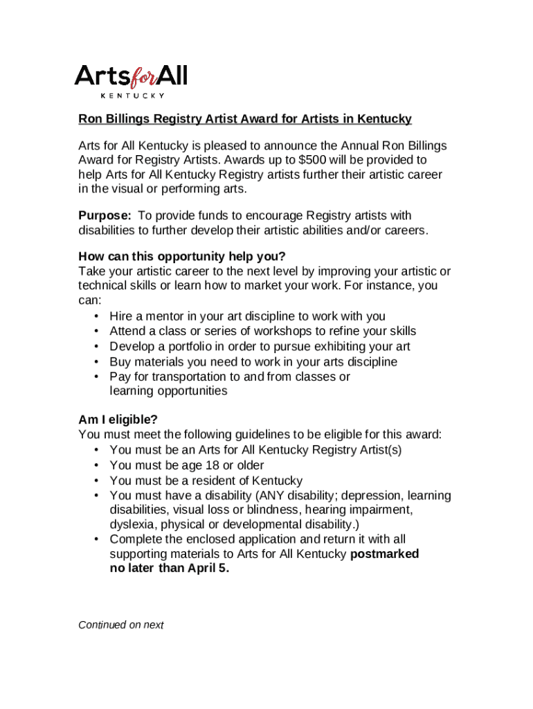 Ron Billings Registry Artist Award Application and ... Doc Template ...