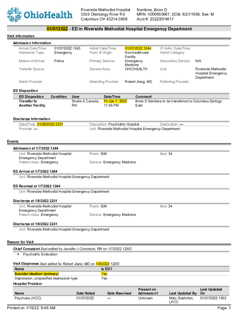 Fillable Online ED in Riverside Methodist Hospital Emergency Department ...