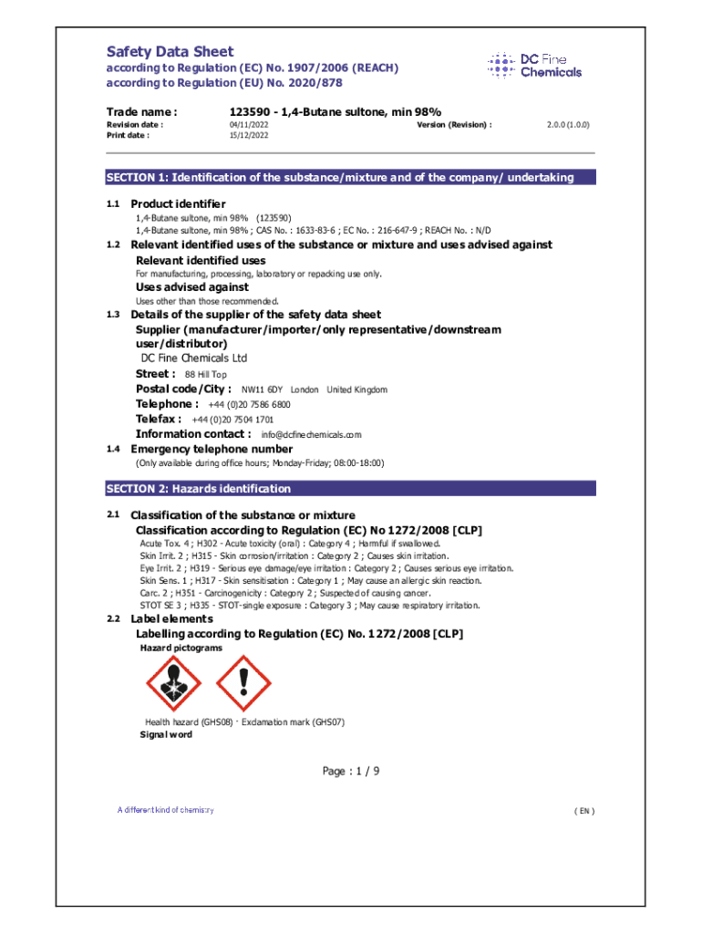 Fillable Online 1,4-Butane sultone - Safety Data Sheet Fax Email Print ...