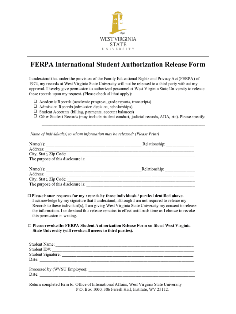 Fillable Online FERPA International Student Authorization Release Form Fax Email Print - pdfFiller