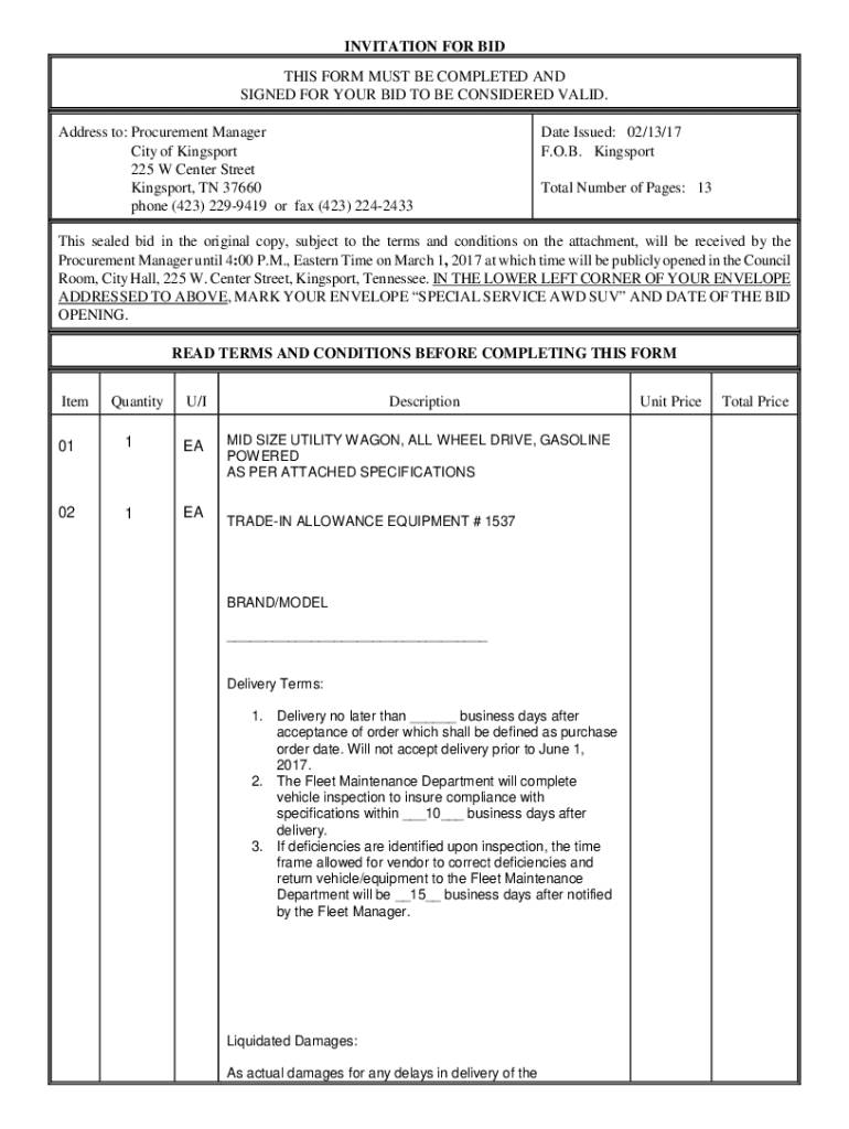 Fillable Online Fillable Online INVITATION FOR BID - kingsporttn.gov ...