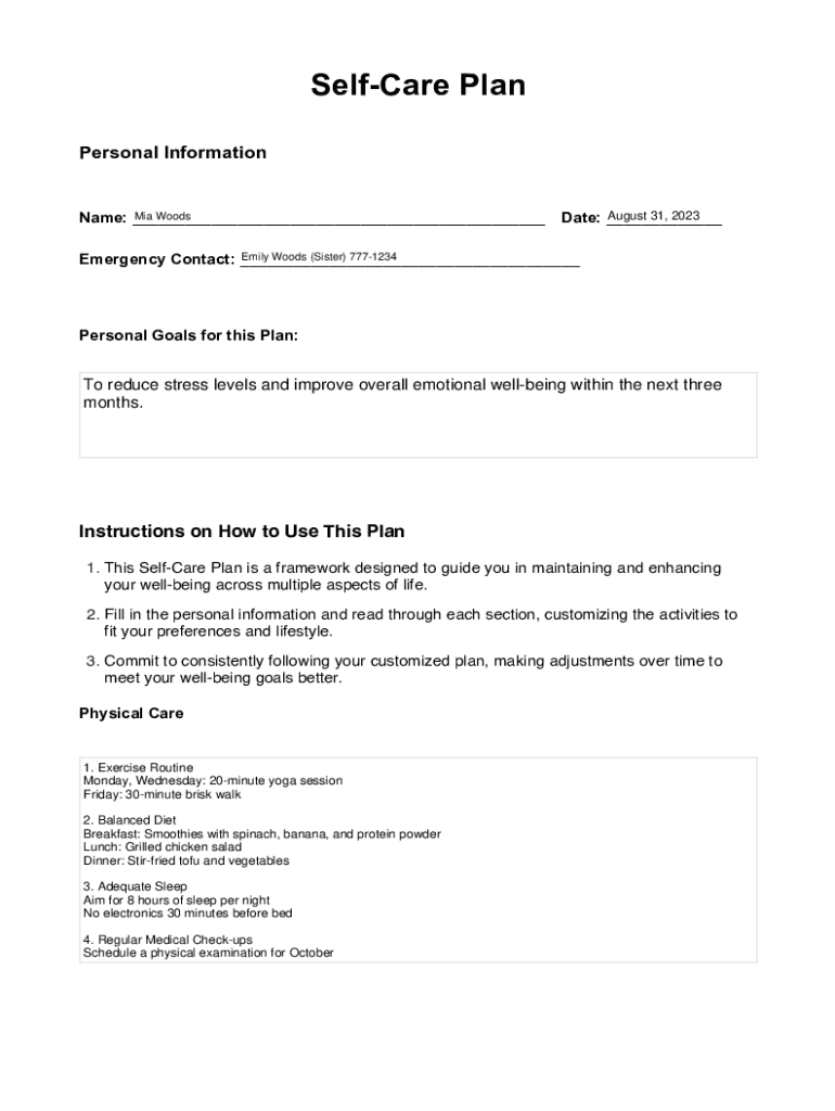 Fillable Online Self-Care Plan Template & ExampleFree PDF Download Fax ...