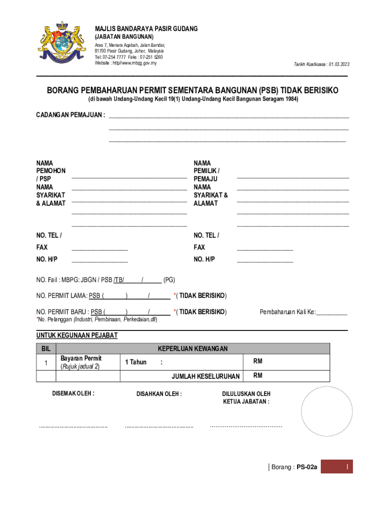 Fillable Online BORANG PEMBAHARUAN PERMIT SEMENTARA BANGUNAN (PSB ...