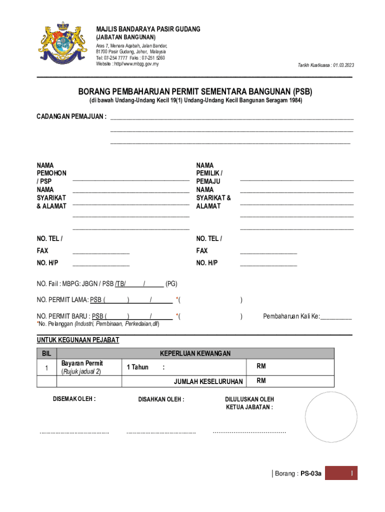 Fillable Online BORANG PEMBAHARUAN PERMIT SEMENTARA BANGUNAN (PSB) Fax ...