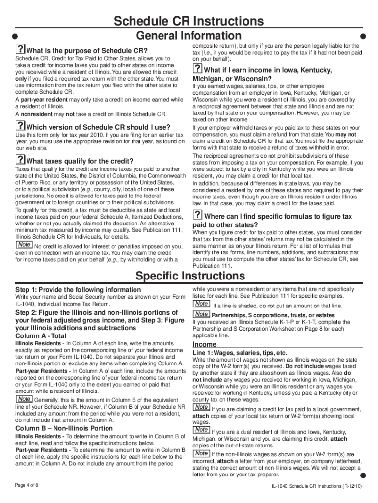 Fillable Online Schedule CR (IL-1041) Instructions - e-Form RS Login ...