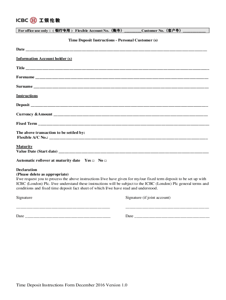 Fillable Online Time Deposit Instructions Form December 2016 Version 1. ...