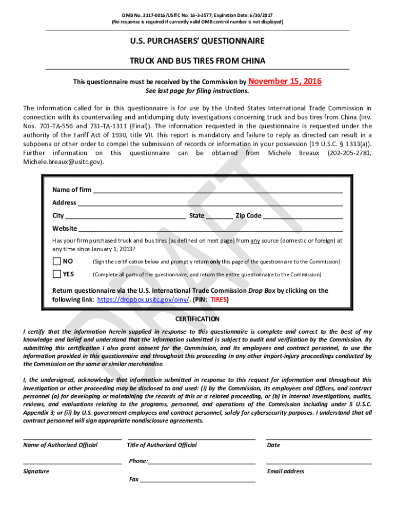 Fillable Online us purchasers' questionnaire truck and bus tires from ...