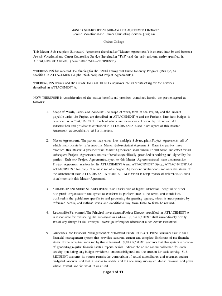 Fillable Online MASTER SUB-RECIPIENT SUB-AWARD AGREEMENT Between Fax Email Print - pdfFiller