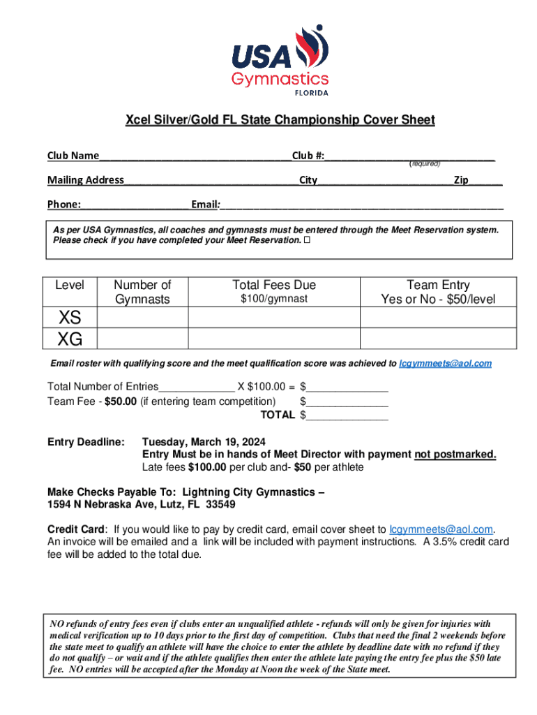 Fillable Online 2024 Florida USA GYMNASTICS Xcel Silver, Gold State ... Fax Email Print - pdfFiller