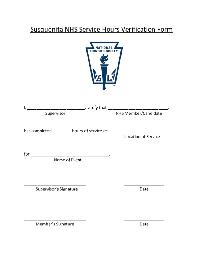 Fillable Online Susquenita NHS Service Hours Verification Form Fax ...