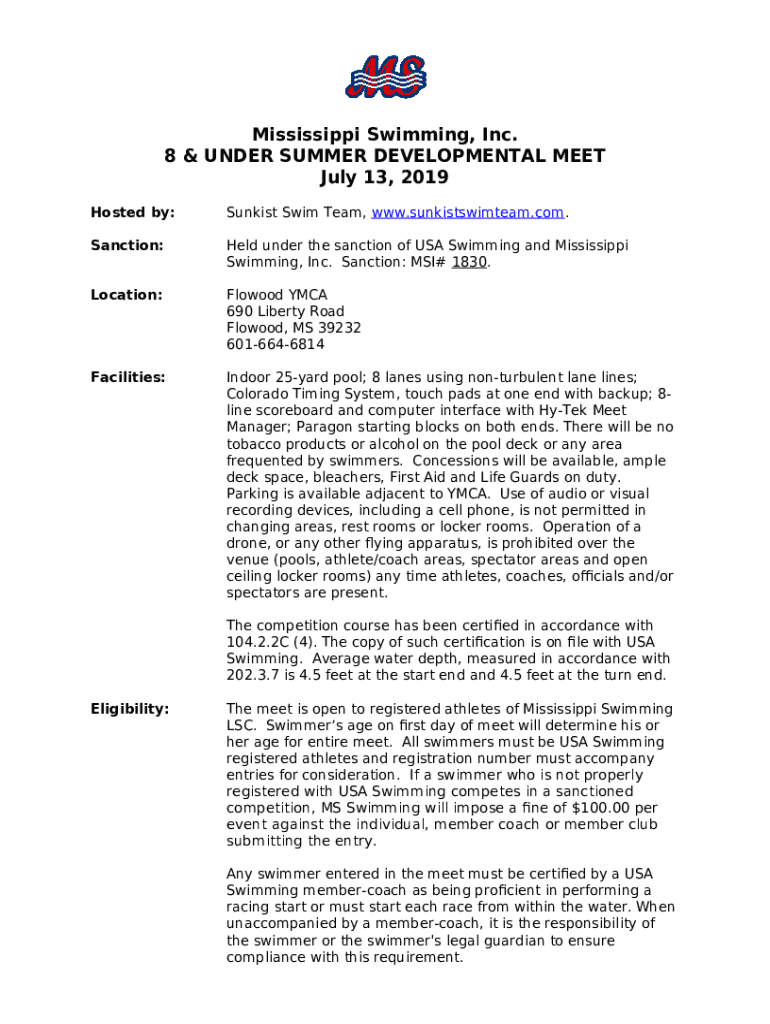 Mississippi Swimming, Inc. 8 & Under Summer Developmental ... Doc ...