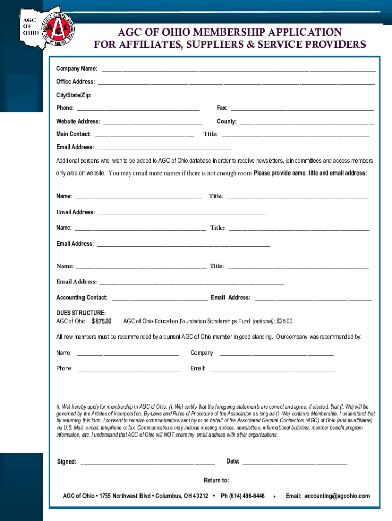Fillable Online AGC OF OHIO MEMBERSHIP APPLICATION FOR ... Fax Email ...