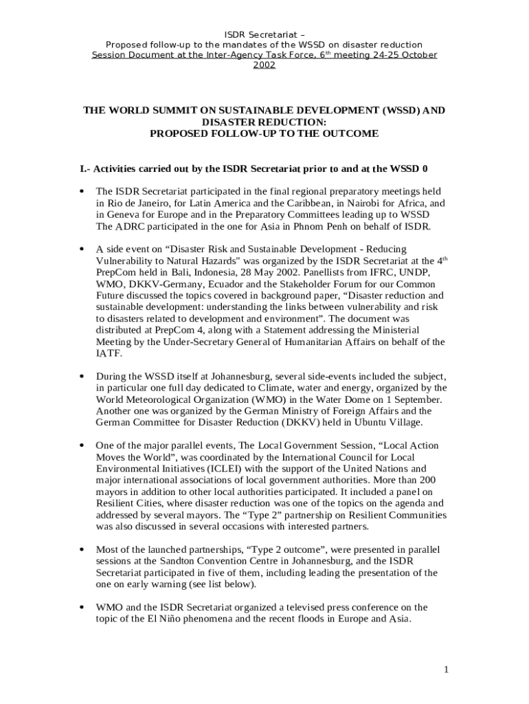 Follow-up to WSSD within the ISDR framework Doc Template | pdfFiller
