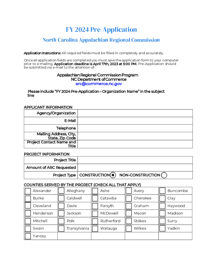 Fillable Online FY 2024 Pre-ApplicationNorth Carolina Department of ... Fax Email Print - pdfFiller