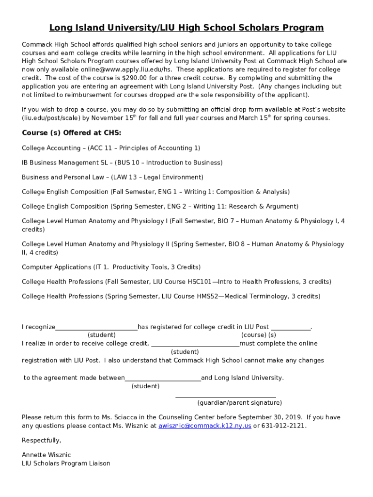 LIU High School Scholars Application Doc Template | pdfFiller