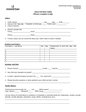 CHILD INTAKE (TO AGE 11) Doc Template | pdfFiller