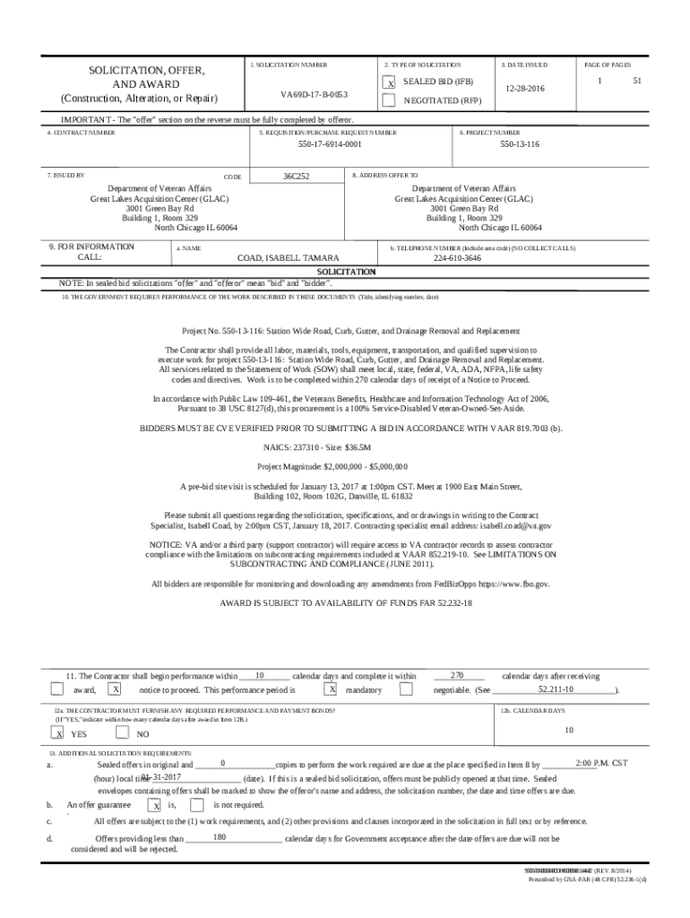 Solicitation Number VA69D-17-B-0053 Doc Template | pdfFiller