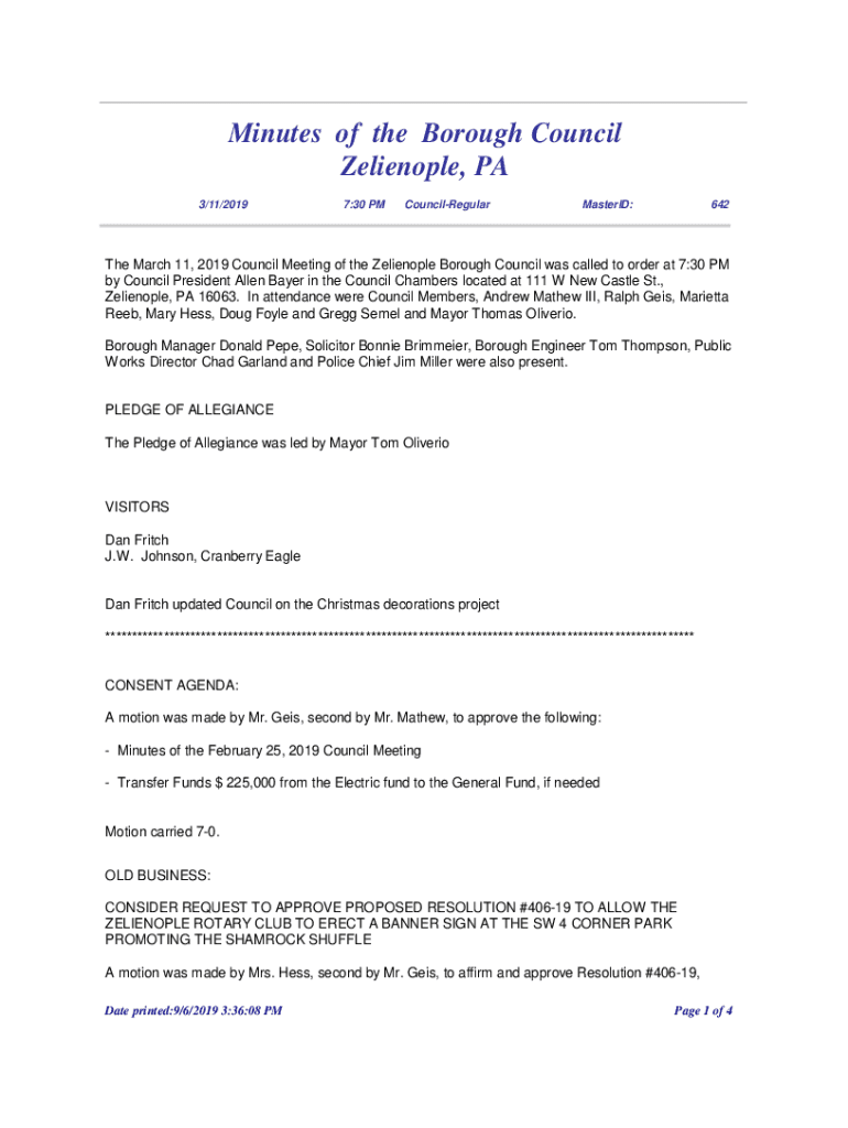 Fillable Online In attendance were Council Members, Andrew Mathew III ...