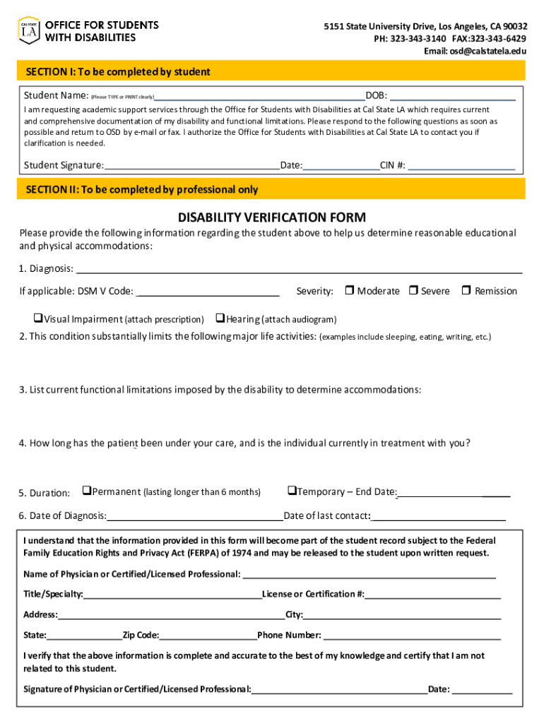 Fillable Online Disability Verification Form CSULA Fax Email Print ...