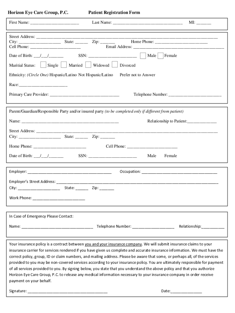 Fillable Online Horizon Eye Care Group, P.C. Patient Registration Form Fax Email Print - pdfFiller