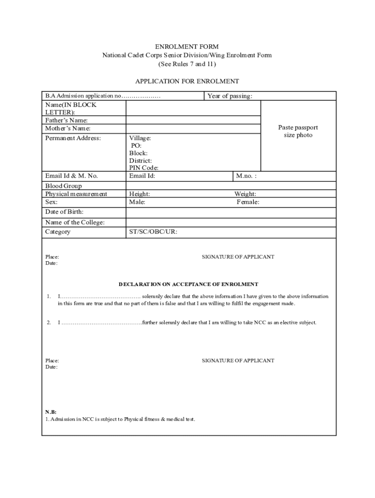 Fillable Online Form No. - 1 National Cadet Corps Senior Division/ Wing ...