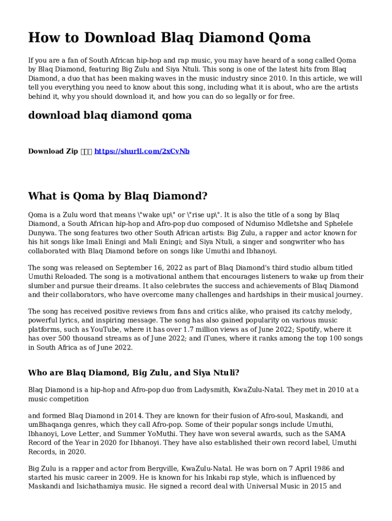 Fillable Online Qoma (feat. Big Zulu & Siya Ntuli) - Song by Blaq ...