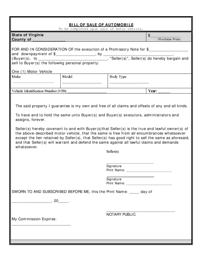 Fillable Online Virginia Bill of Sale of Motor Vehicle / Automobile ...