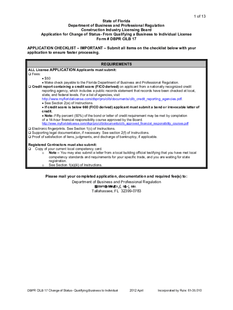 Fillable Online DBPR CILB 17 - Change of Status- Qualifying Business to ...