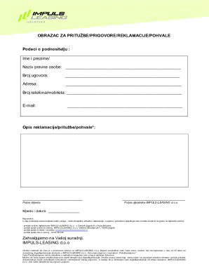 Fillable Online obrazac za pritube/prigovore/reklamacije/pohvale Fax ...