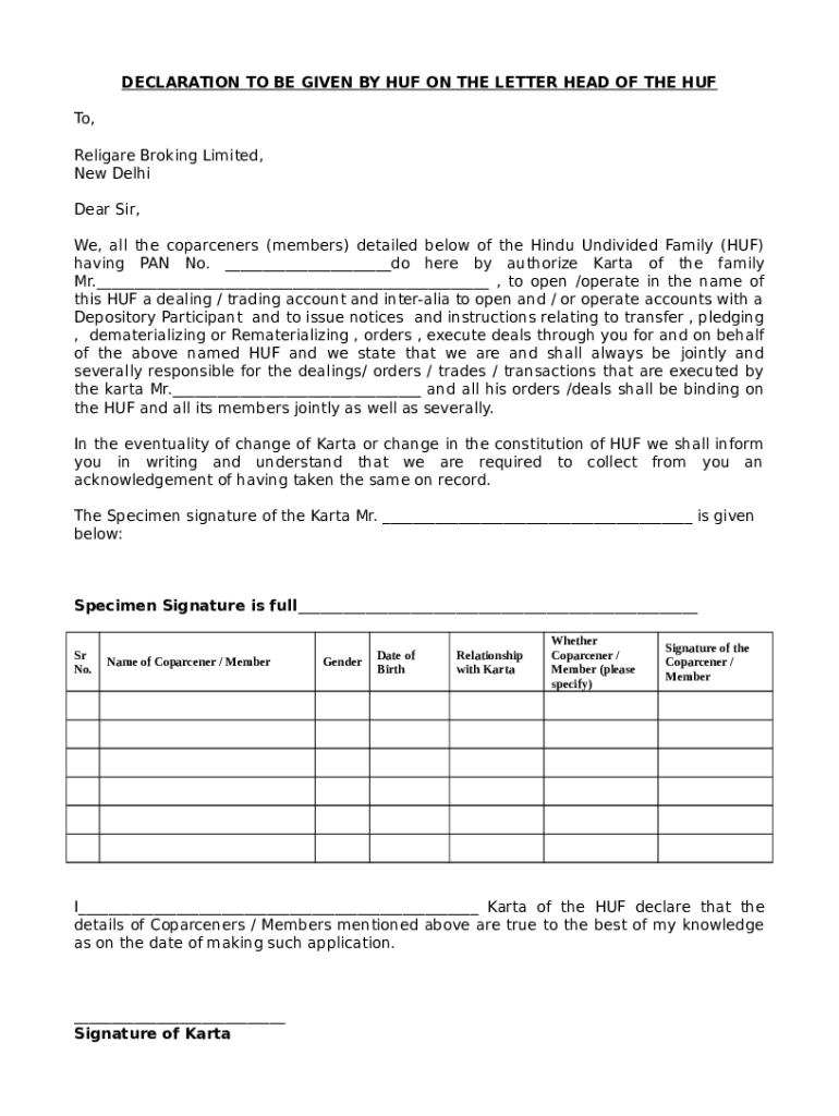 DECLARATION BY KARTA & ALL THE CO-PARCENERS ( ... Doc Template | pdfFiller
