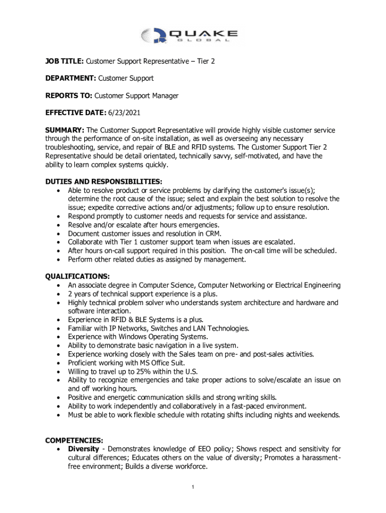 Fillable Online Customer Support Specialist Job Description +TEMPLATE ...