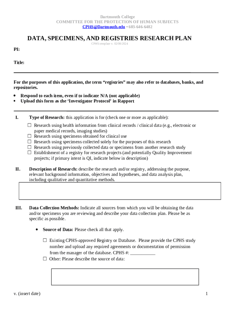 Data, Specimens and Registries Research Plan Doc Template | pdfFiller