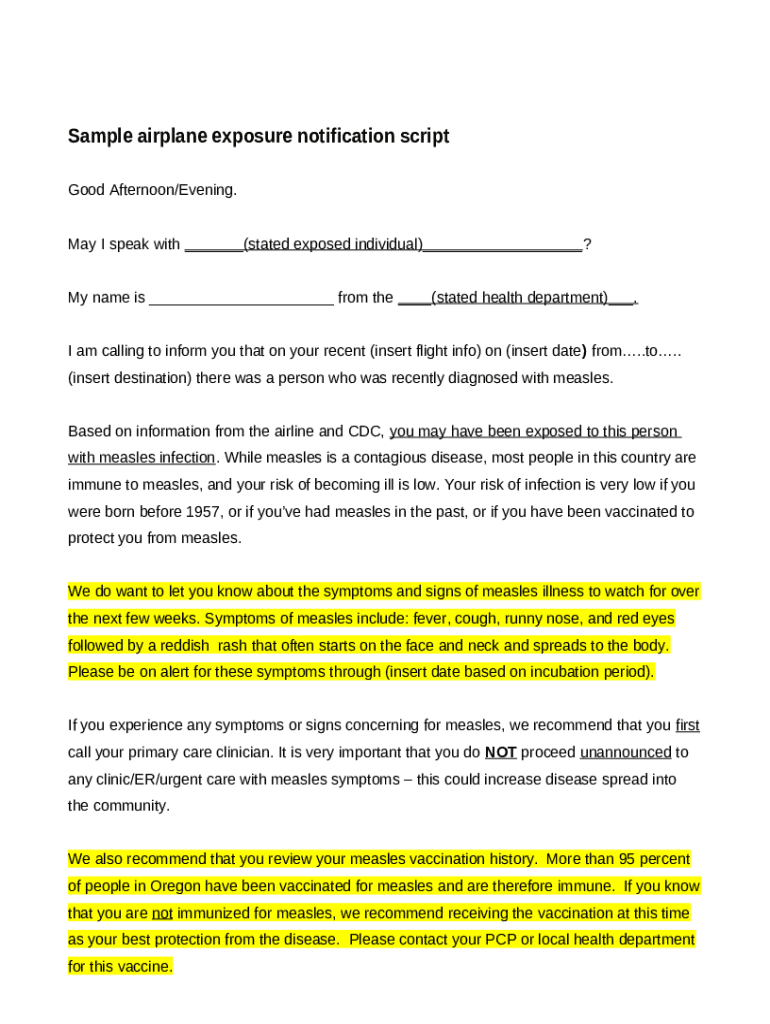 Measles Sample Airplan Exposure Script Doc Template | pdfFiller