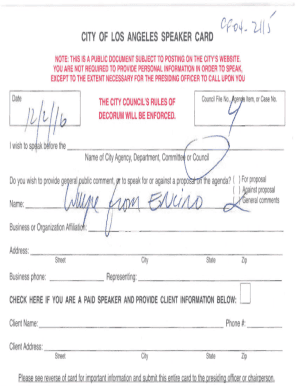 Fillable Online CITY OF LOS ANGELES SPEAKER CARD 4? Fax Email Print ...