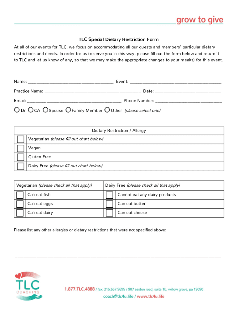 Fillable Online TLC Special Dietary Restriction Form Fax Email Print ...