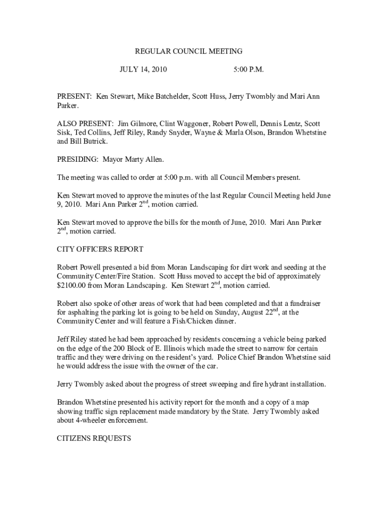 Fillable Online PRESENT: Ken Stewart, Mike Batchelder, Scott Huss ...