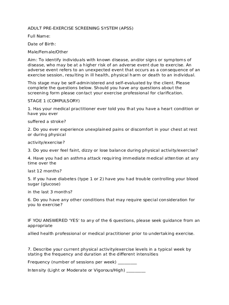 APSS template in word.doc - ADULT PRE-EXERCISE ... Doc Template | pdfFiller