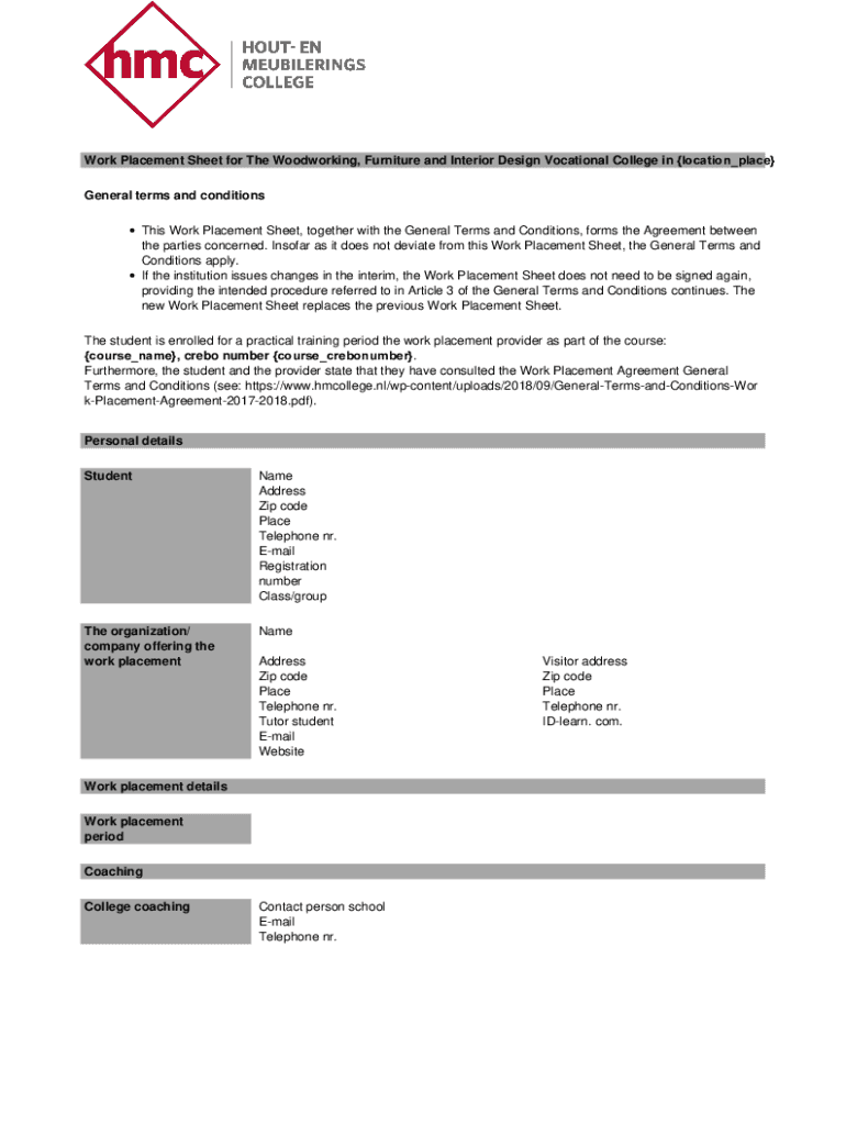 Fillable Online Work Placement Sheet for The Woodworking, Furniture ...