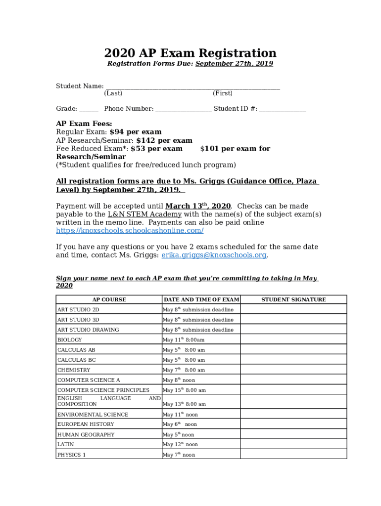 2020 AP EXAM REGISTRATION/PAYMENT Doc Template | pdfFiller