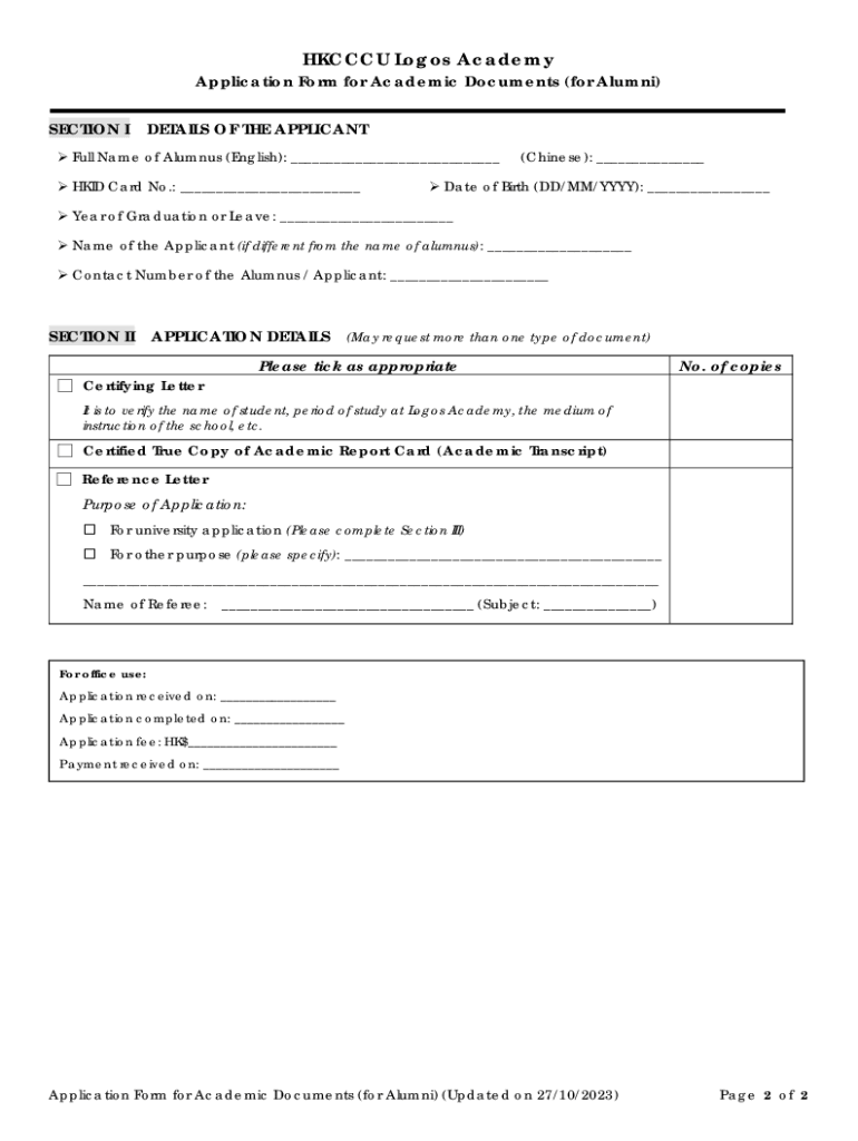 Fillable Online HKCCCU Logos Academy (Official Use only) Application ...