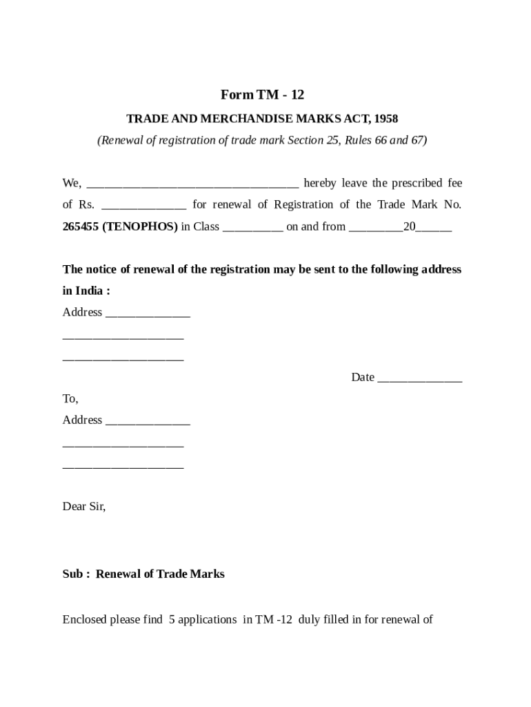 TM -12 Renewal of Registration of TM Doc Template | pdfFiller
