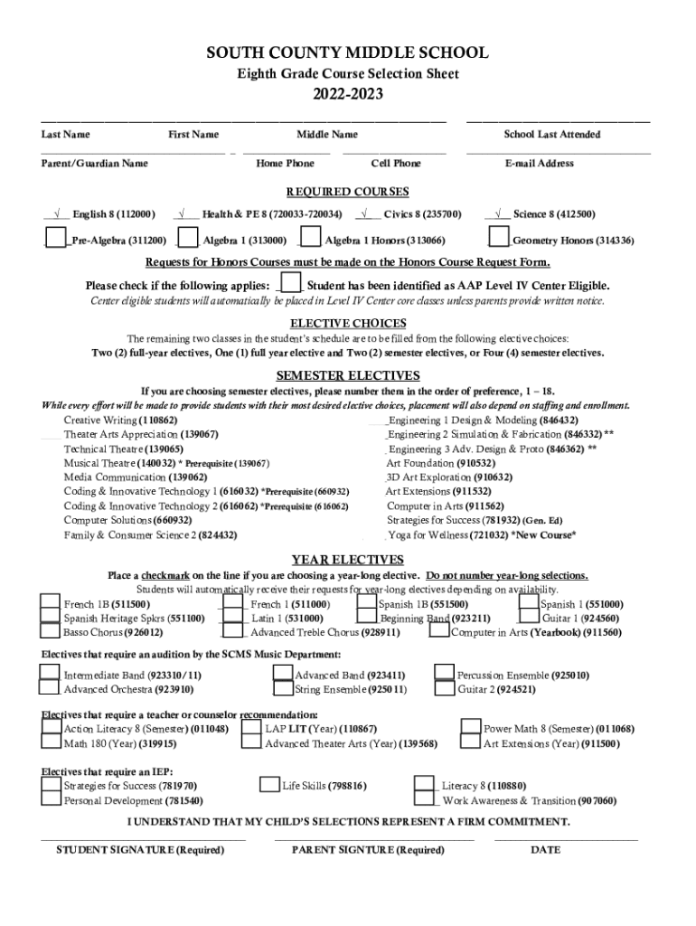 Fillable Online Eighth Grade Course Selection Sheet Fax Email Print ...