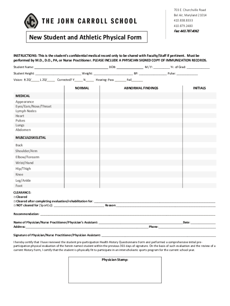 Fillable Online New Student and Athletic Physical Form Fax Email Print - pdfFiller