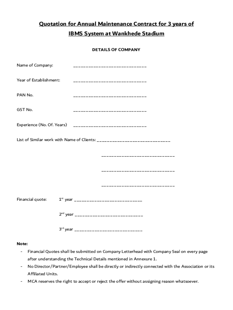 Fillable Online Quotation for Annual Maintenance Contract for 3 years ...