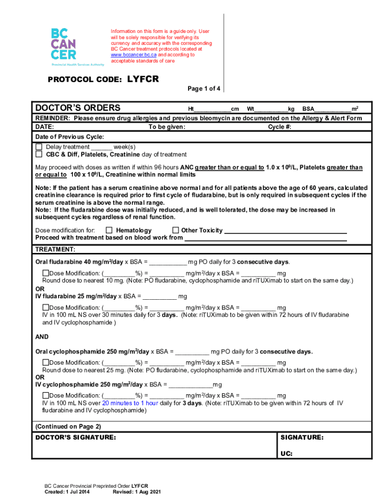 Fillable Online BC Cancer Protocol Summary for the Treatment of ...