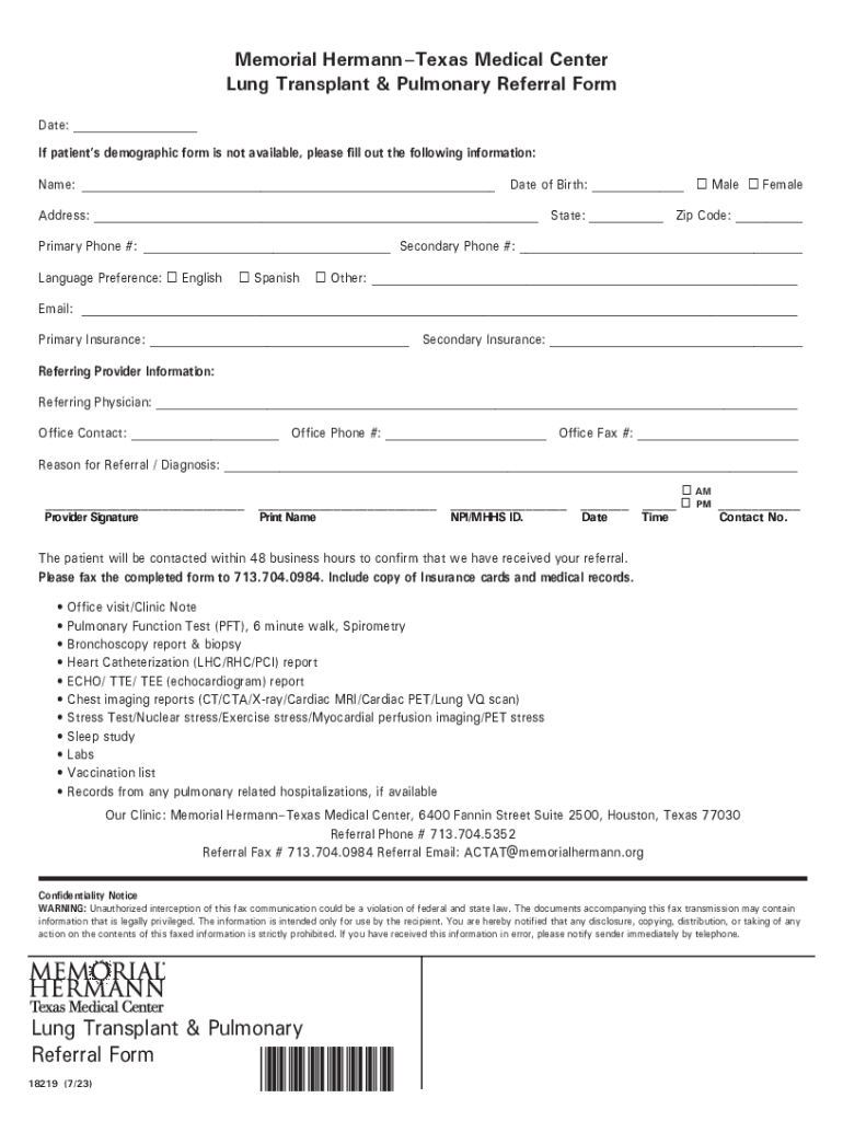 Fillable Online Memorial Hermann-Texas Medical Center Lung Transplant ...